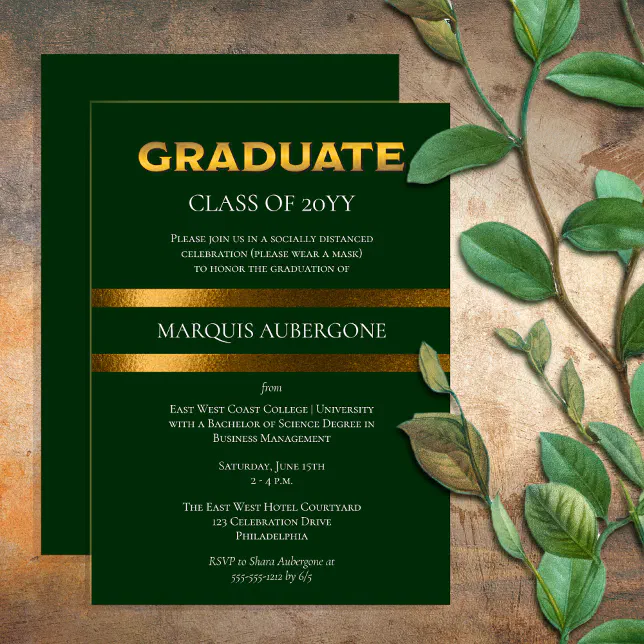 Sleek College | Univ Green | Gold Graduation Party Invitation | Zazzle