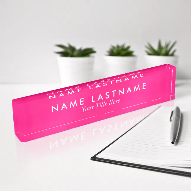 Sleek Girly Feminine Bright Pink Custom Desk Name Plate | Zazzle