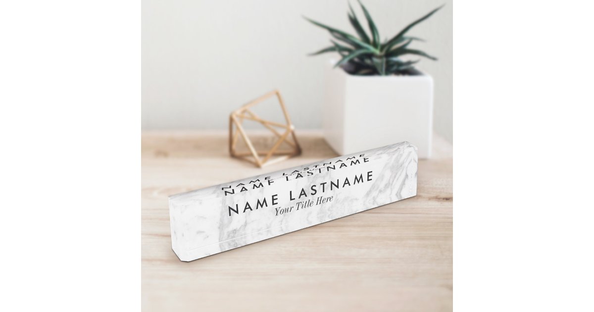 Sleek Grey White Marble Custom Desk Nameplate | Zazzle