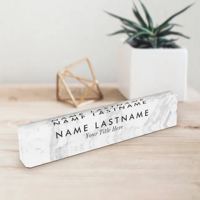 Sleek Grey White Marble Custom Desk Nameplate | Zazzle