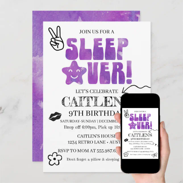 Sleep Over Birthday Party Retro Doodles Purple Invitation | Zazzle