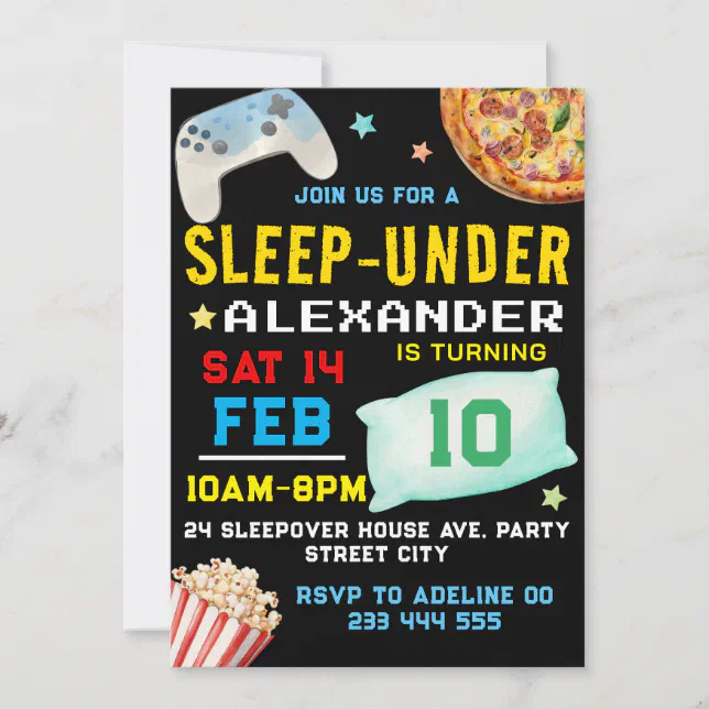 Sleep Under Sleepover Boy Late Over Gamer Birthday Invitation | Zazzle