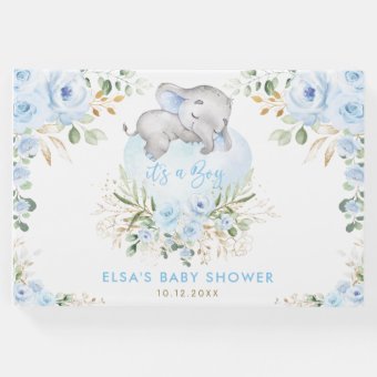 Sleeping Elephant Blue Floral Boy Baby Shower Guest Book | Zazzle