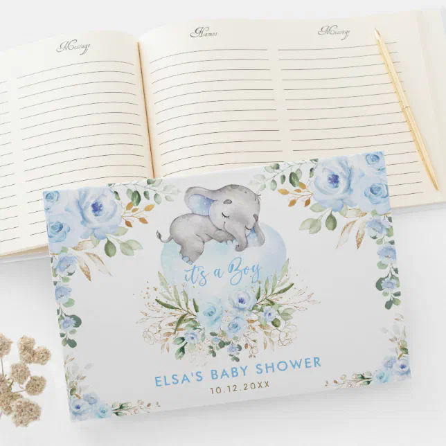 Sleeping Elephant Blue Floral Boy Baby Shower Guest Book | Zazzle