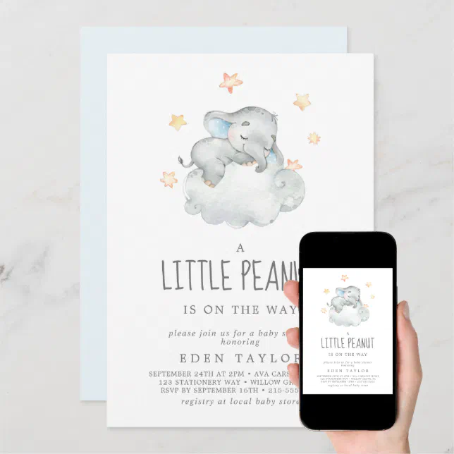 Sleeping Elephant Boy Little Peanut Baby Shower Invitation | Zazzle