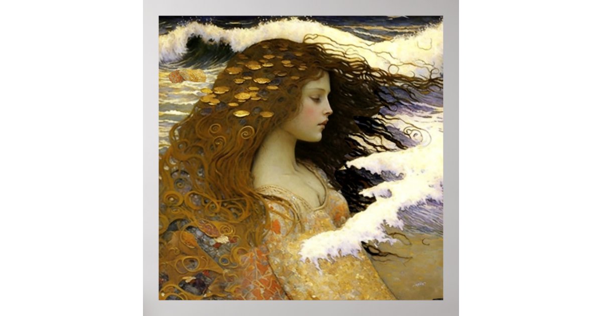 Sleeping Mermaid Dreaming of Golden Sea Shells Poster | Zazzle