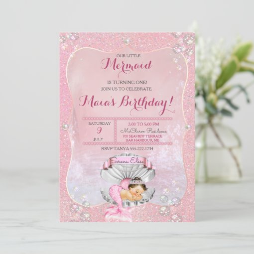Sleeping Mermaid Girl Pink Pearls Clam Shell Invitation | Zazzle