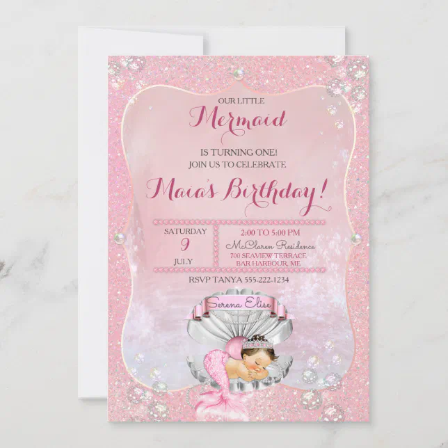 Sleeping Mermaid Girl Pink Pearls Clam Shell Invitation | Zazzle