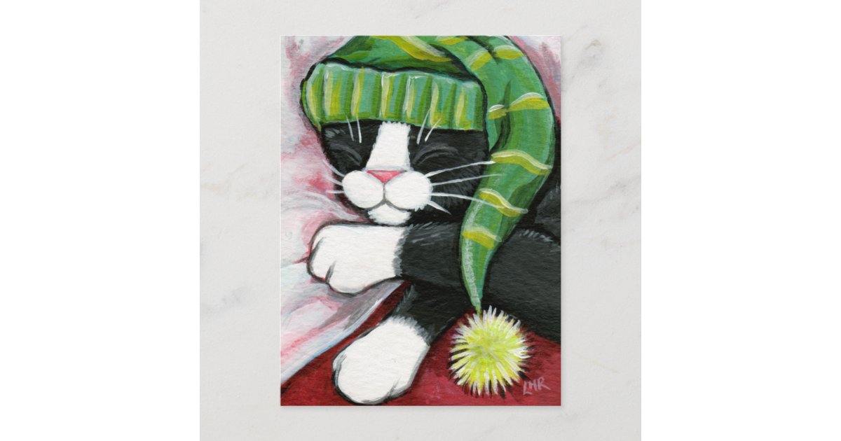 Sleeping Tuxedo Cat with Nightcap Art Postcard | Zazzle
