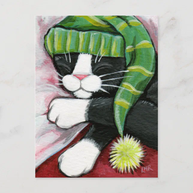 Sleeping Tuxedo Cat with Nightcap Art Postcard | Zazzle