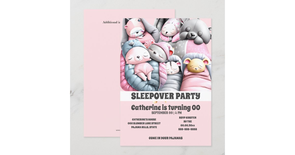Sleepover comic animals sleeping pink gray slumber invitation | Zazzle
