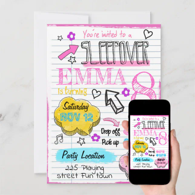 Sleepover Girl Party Doodle Birthday Invitation | Zazzle