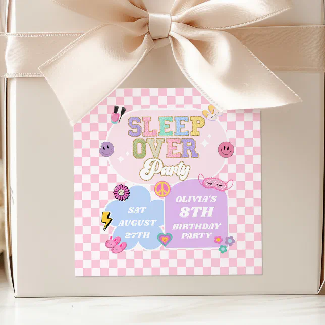 Sleepover Preppy Varsity Patch Birthday Party Square Sticker | Zazzle