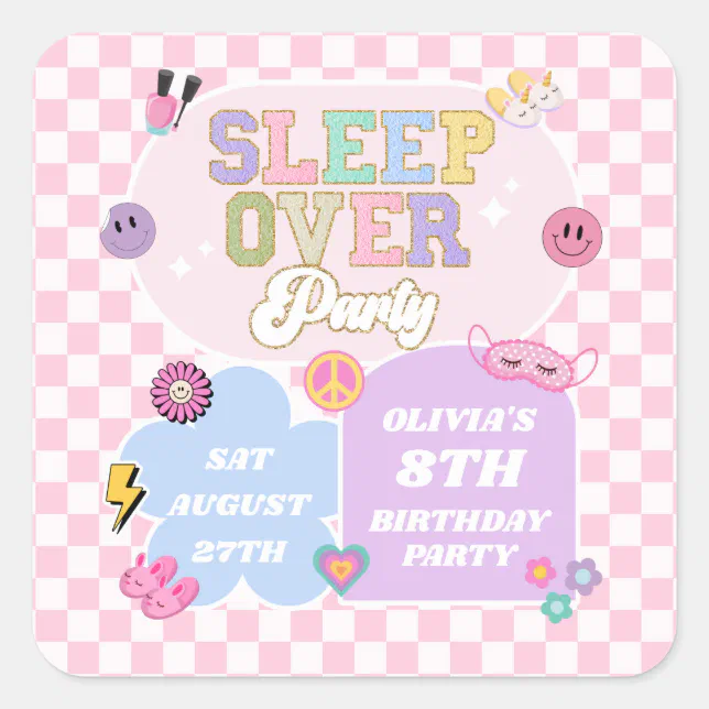 Sleepover Preppy Varsity Patch Birthday Party Square Sticker | Zazzle
