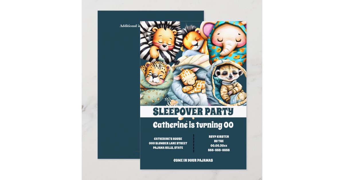 Sleepover sleeping safari cartoon animals slumber invitation | Zazzle