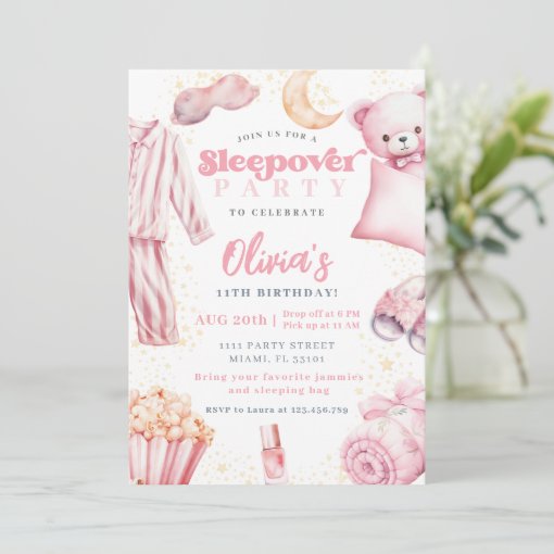 Sleepover Slumber Party Girl Spa Pink Birthday Invitation | Zazzle