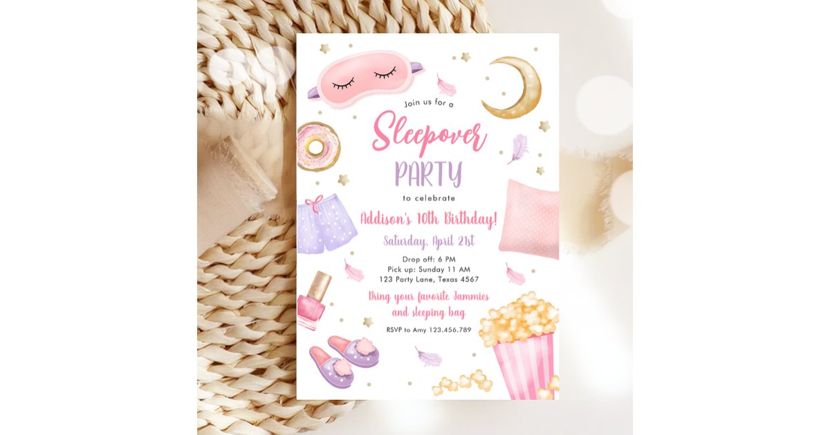 Sleepover Slumber Party Girl Spa Pink Birthday Invitation | Zazzle