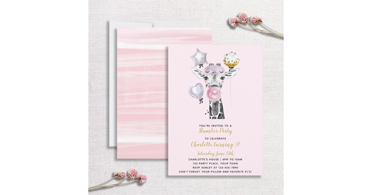 Sleepover Slumber Party Pink Gold Giraffe Birthday Invitation | Zazzle