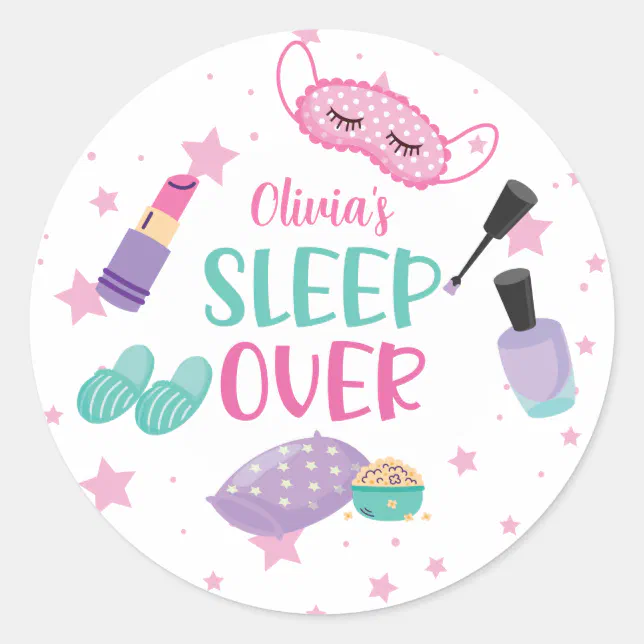 Sleepover slumber party pink purple tween classic round sticker | Zazzle