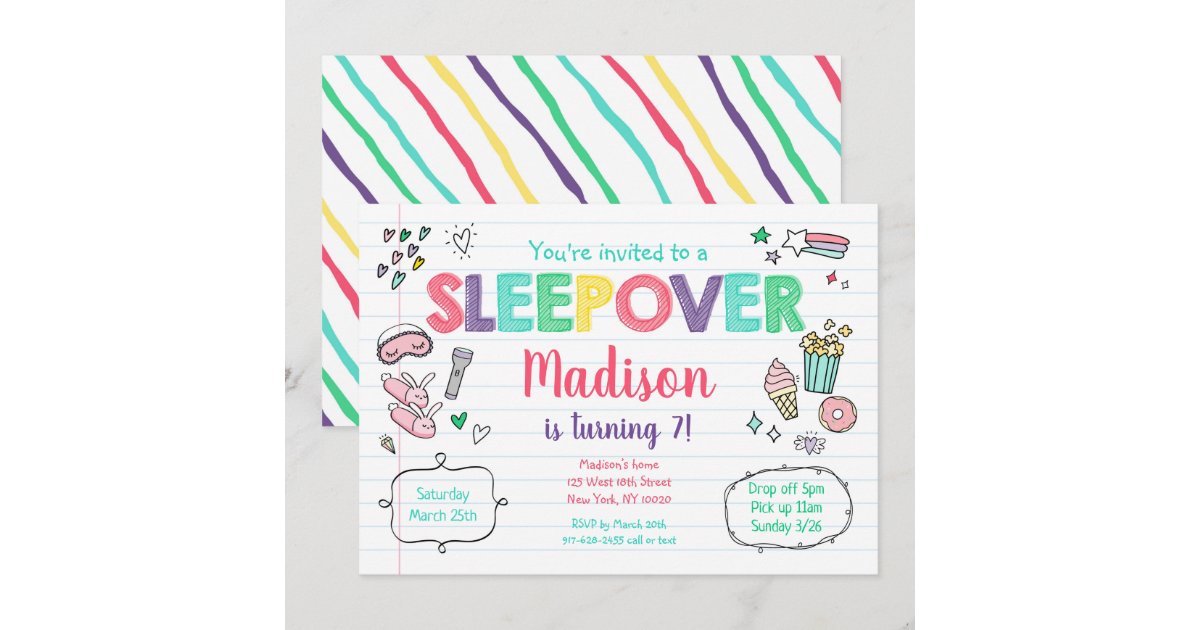 Sleepover Slumber Party Rainbow Girl Birthday Invitation | Zazzle