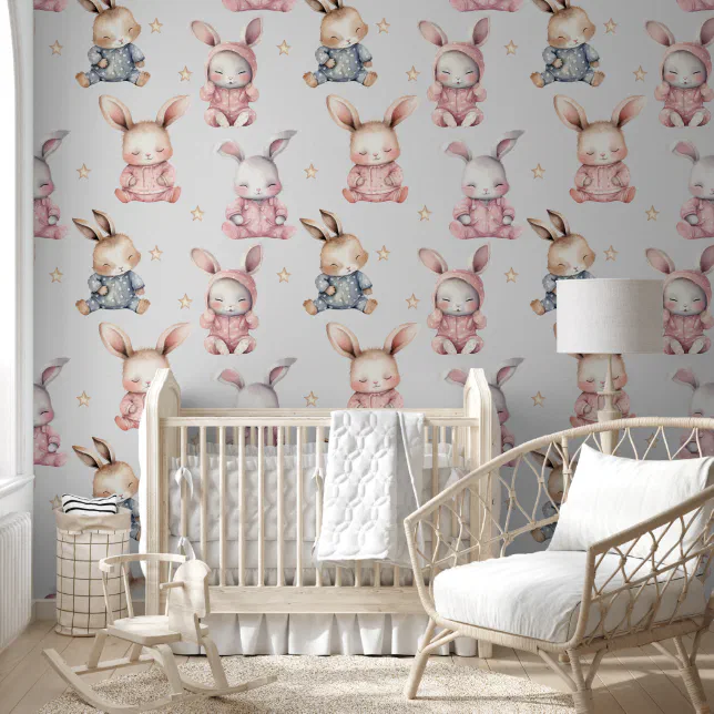 Sleepy Baby Bunny Rabbits Nursery Room Wallpaper | Zazzle