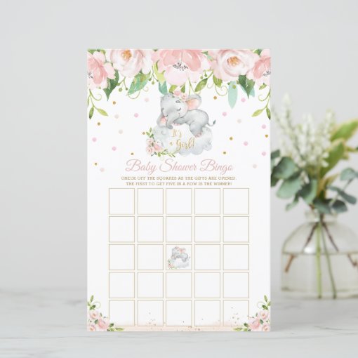 Sleepy Elephant Pink Floral Baby Shower Bingo Game | Zazzle