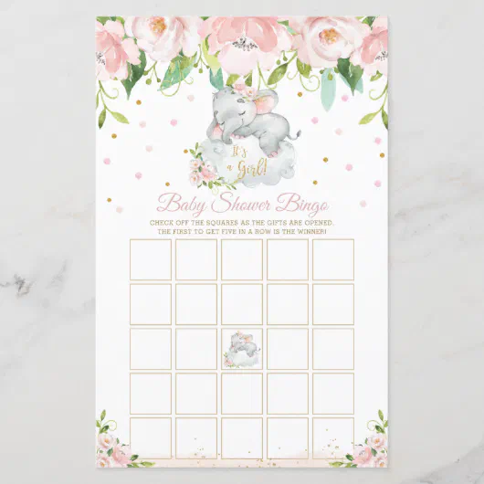 Sleepy Elephant Pink Floral Baby Shower Bingo Game | Zazzle