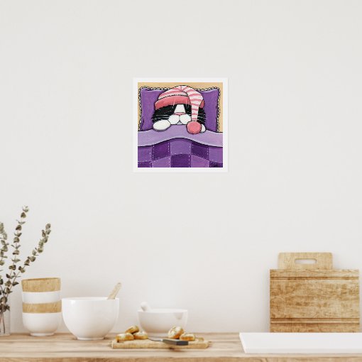 Sleepy Head Cat Wearing A Night Cap Art Print | Zazzle