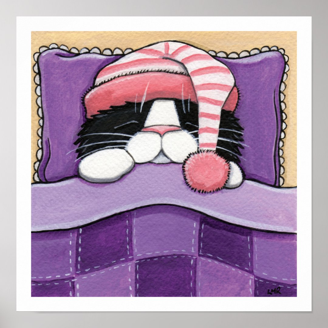 Sleepy Head Cat Wearing A Night Cap Art Print | Zazzle