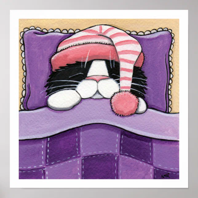 Sleepy Head Cat Wearing A Night Cap Art Print | Zazzle