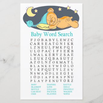 Sleepy teddy bear Baby Shower Word Search Game | Zazzle