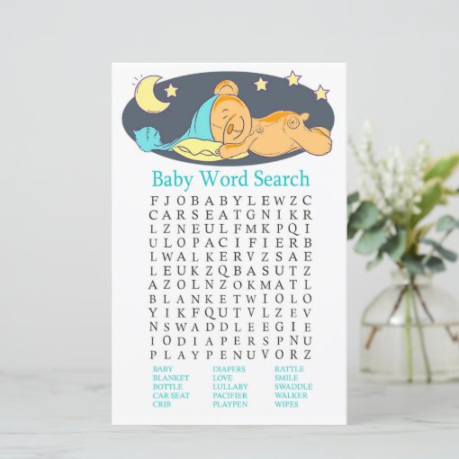 Sleepy teddy bear Baby Shower Word Search Game | Zazzle