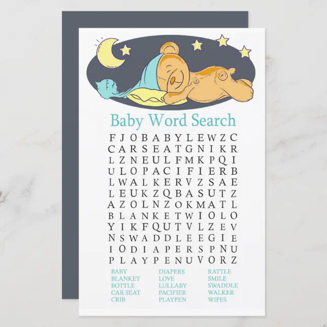 Sleepy teddy bear Baby Shower Word Search Game | Zazzle
