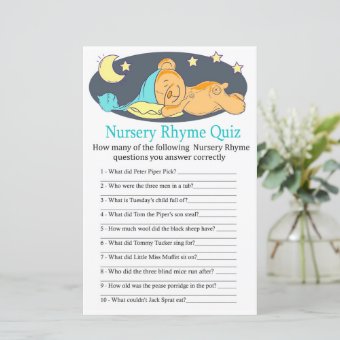 Sleepy teddy bear Nursery Rhyme Quiz baby shower g | Zazzle