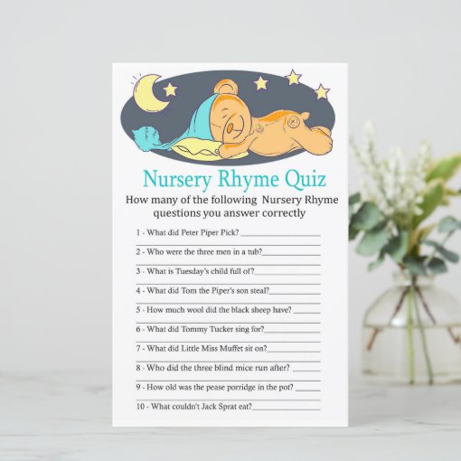 Sleepy teddy bear Nursery Rhyme Quiz baby shower g | Zazzle