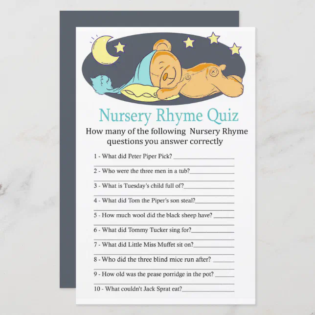 Sleepy teddy bear Nursery Rhyme Quiz baby shower g | Zazzle