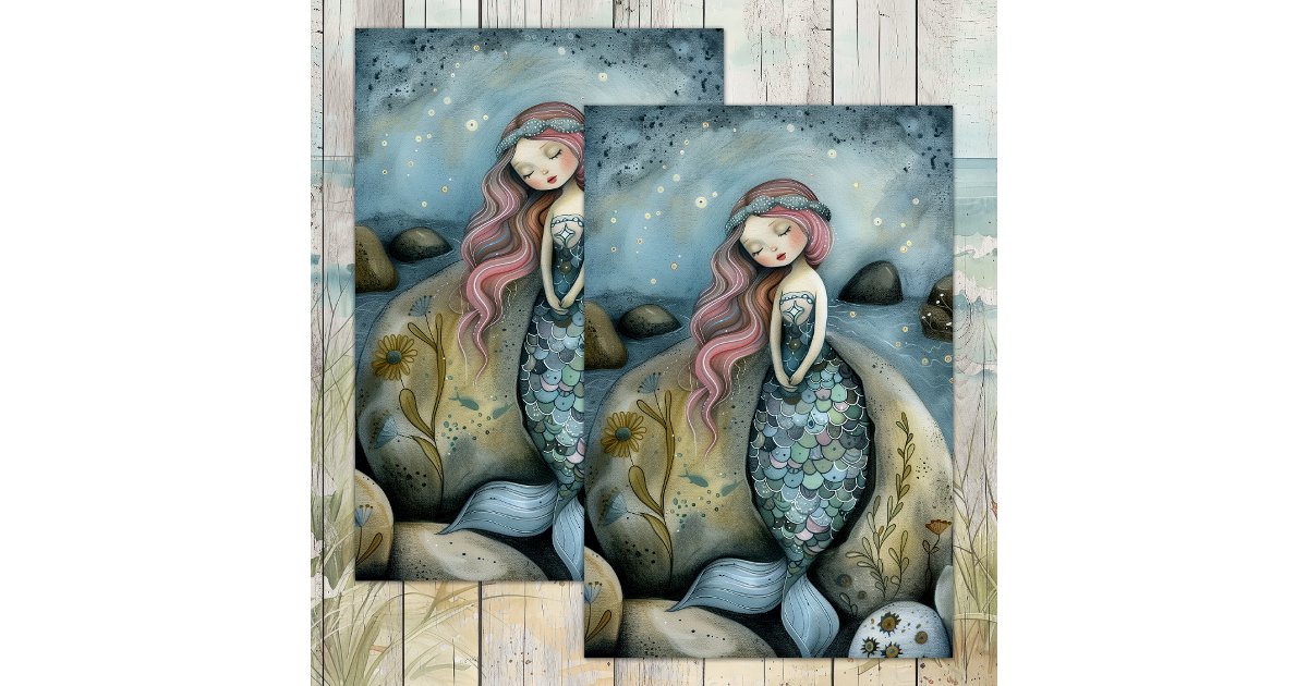 SLEEPY YOUNG MERMAID GIRL DECOUPAGE TISSUE PAPER | Zazzle