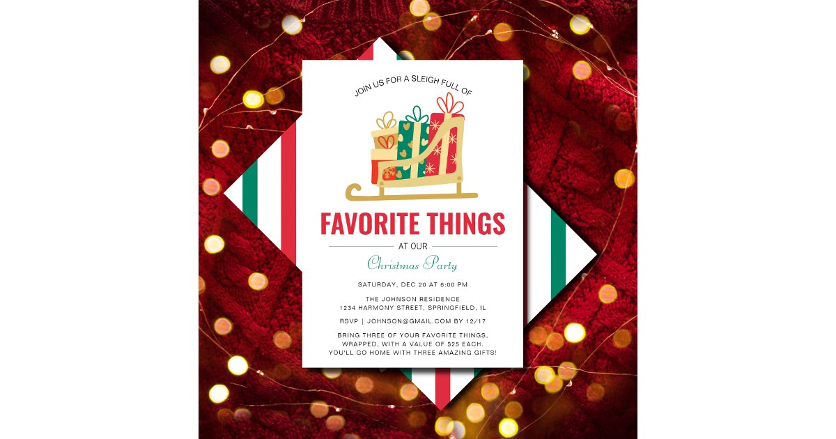 Sleigh Gift Box Favorite Things Christmas Party Invitation | Zazzle