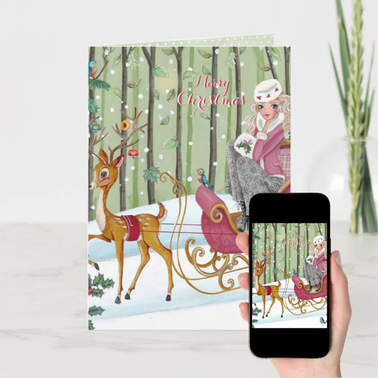 Sleigh Ride Girl - Christmas Greetings Card | Zazzle