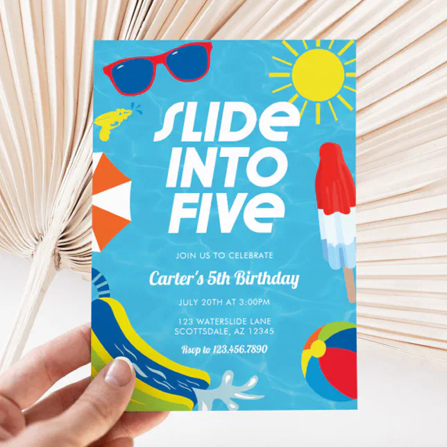 Slide into Five Waterslide 5th Birthday Invitation | Zazzle