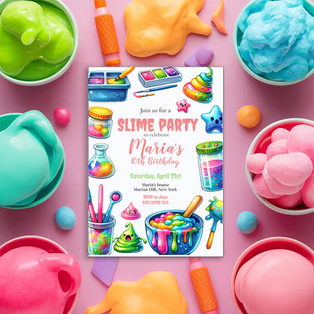 Slime Party Rainbow Birthday Party Invitation | Zazzle