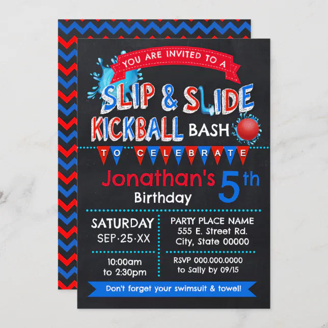 Slip and Slide Kickball Birthday Red White Blue Invitation | Zazzle