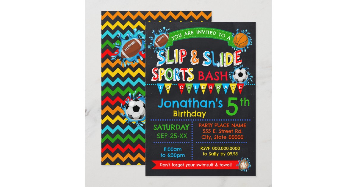 Slip & Slide Sports Birthday Bash Primary Colors Invitation | Zazzle