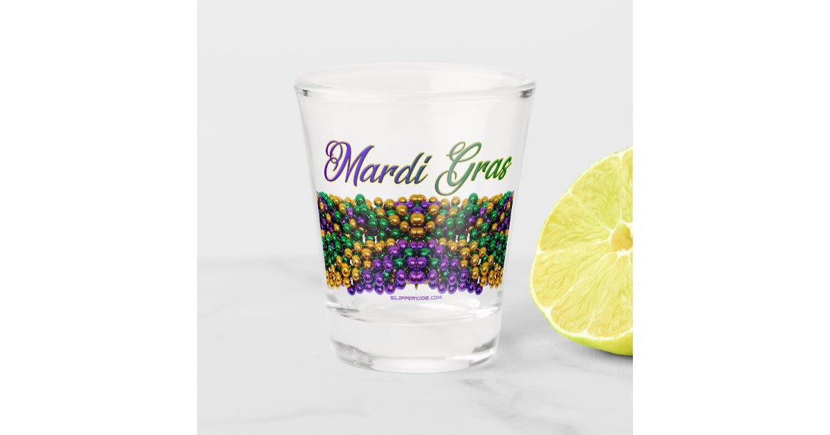SlipperyJoe's iconic Mardi Gras–themed image elega Shot Glass | Zazzle