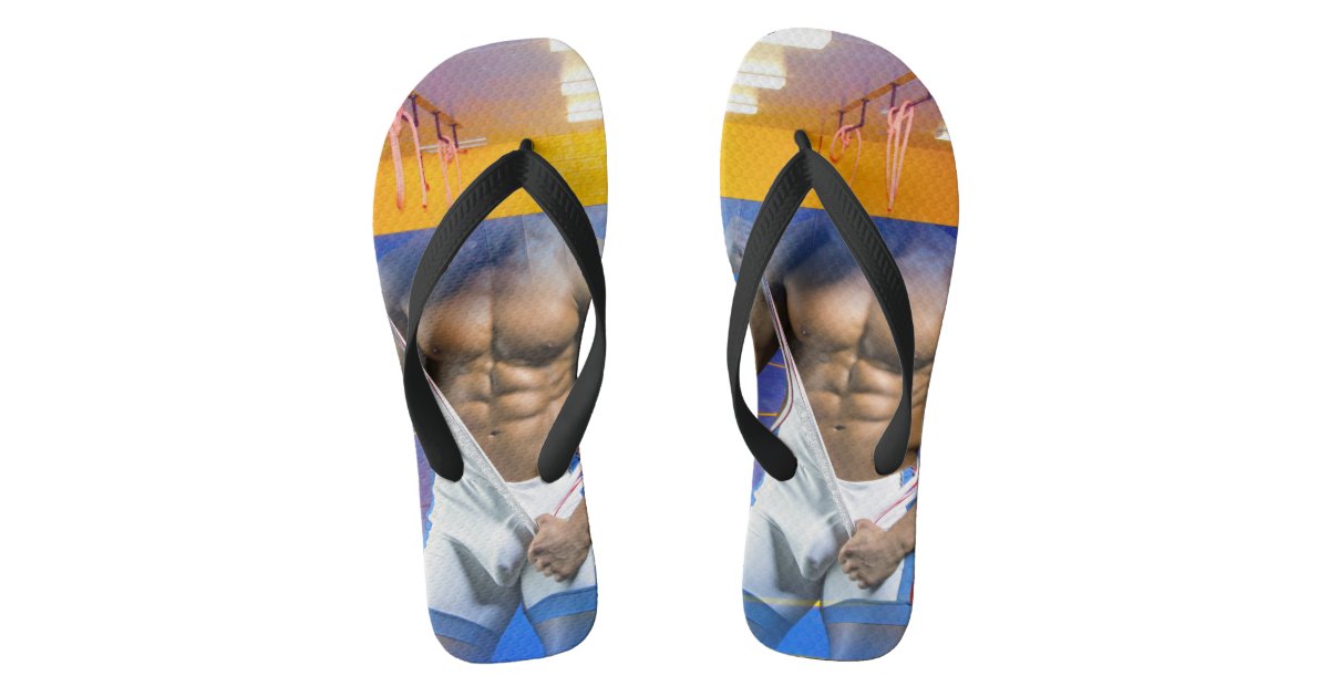 SlipperyJoe's muscular man bulge six-pack gym trai Flip Flops | Zazzle