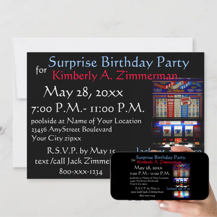 Slot Machine Surprise Birthday Party Invitation | Zazzle