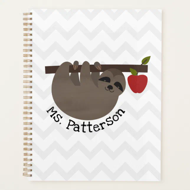 Sloth Apple Tree Chevron Personalized Teacher Planner | Zazzle