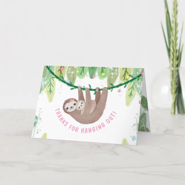 Sloth Baby Girl Shower Jungle Theme Thank You Card | Zazzle