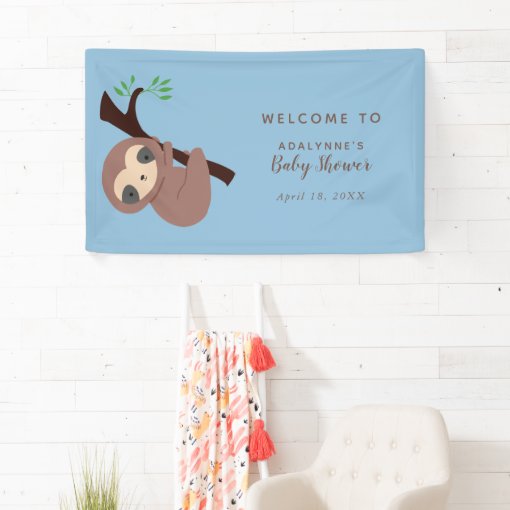 Sloth Baby Shower Blue Welcome Cute Jungle Party Banner | Zazzle