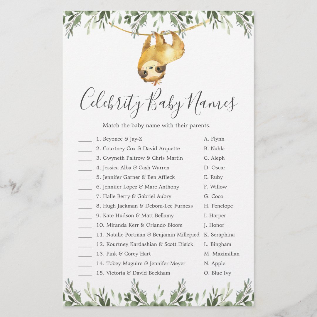 Sloth Baby Shower Celebrity Baby Names Game | Zazzle